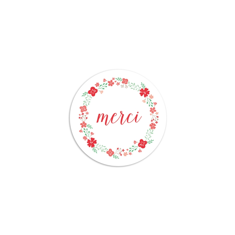 Stickers ronds Merci avec couronne de fleurs - Coquelicot et vert
